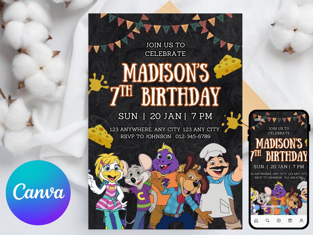 Editable Chuck E Cheese Birthday Invitation Template | Chuck Evite ...