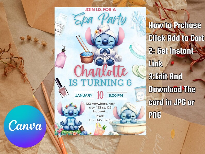 Personalized Stitch Spa Party Invitation, Stitch Birthday Spa Party ...