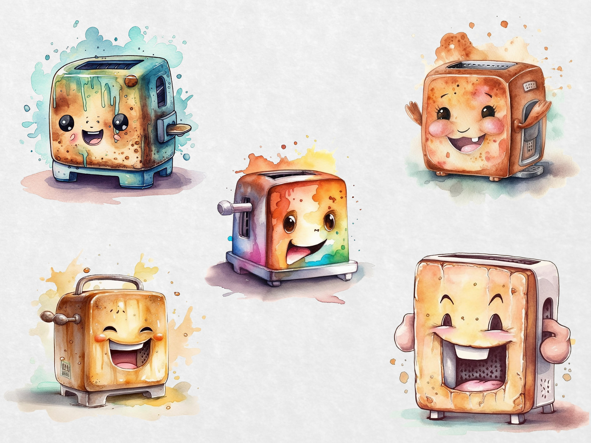 Watercolour Kawaii Toasters Clipart Colourful Fantasy - Etsy