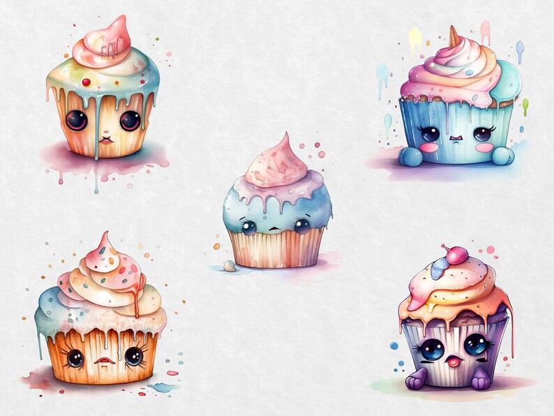 Sad Kawaii Cupcake, Sad Cupcakes Clipart, Depressed Cupcake, Fantasy Cupcake, Watercolor ...