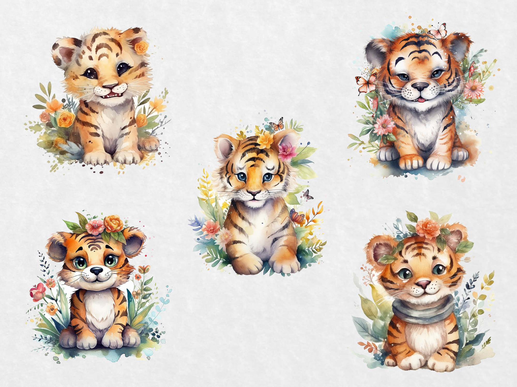 Watercolor Baby Tiger Clipart Colorful Fantasy Floral PNG Digital Image ...
