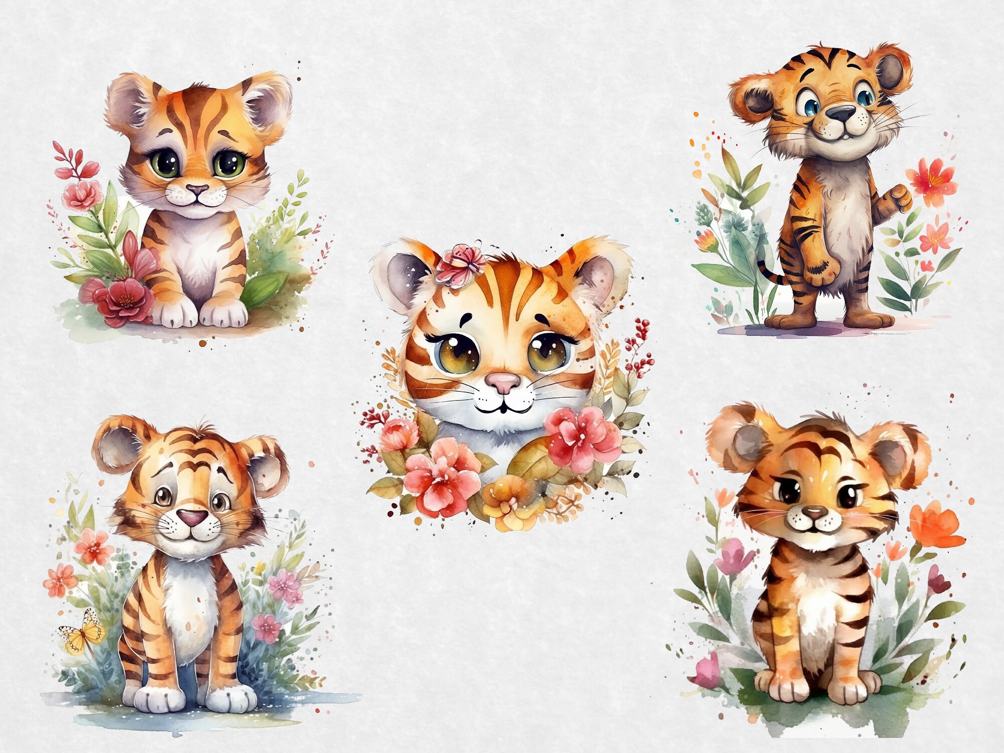 Watercolor Baby Tiger Clipart Colorful Fantasy Floral PNG Digital Image ...