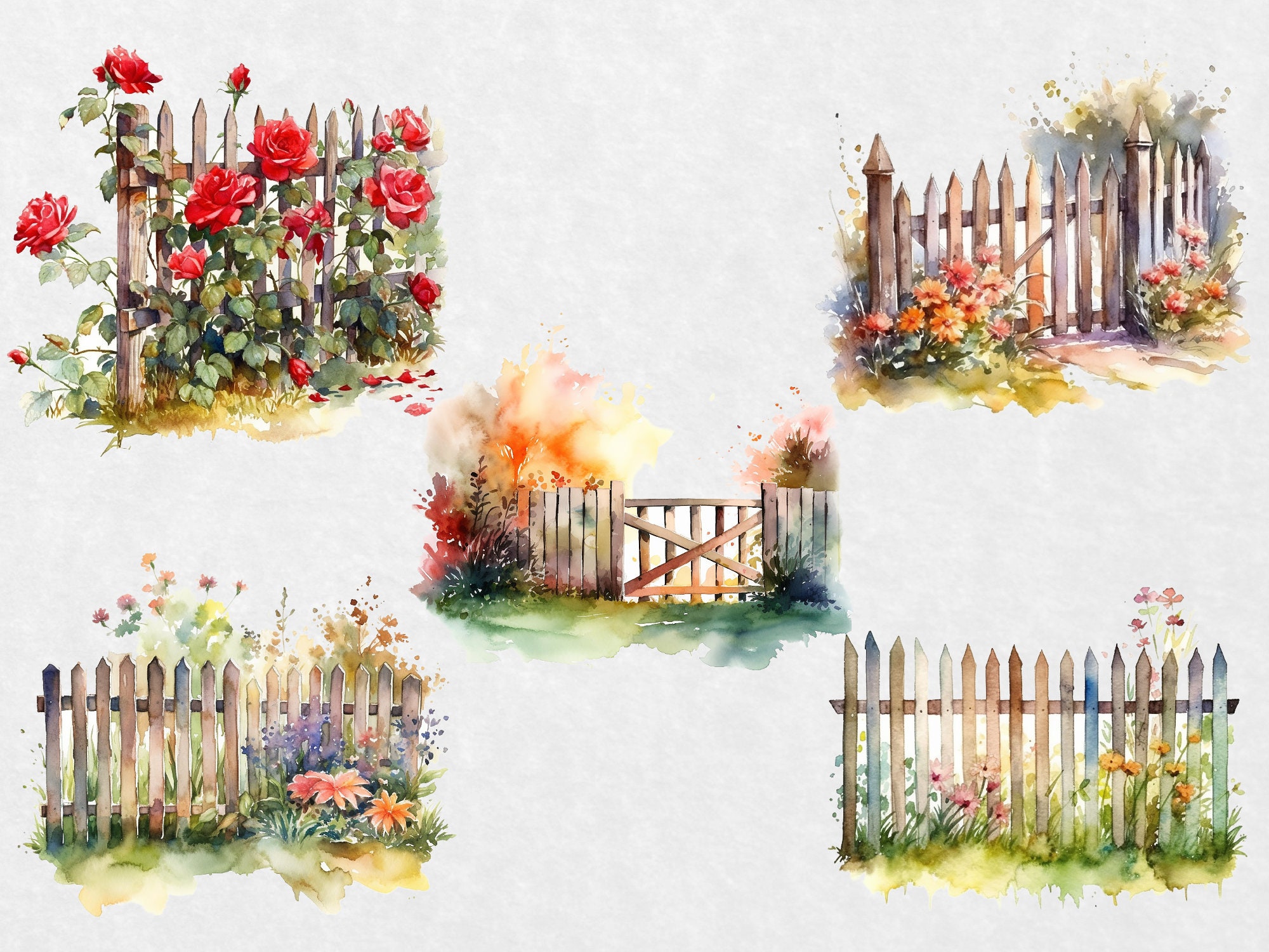 Watercolor Garden Fences Clipart Spring Floral PNG Digital Image ...