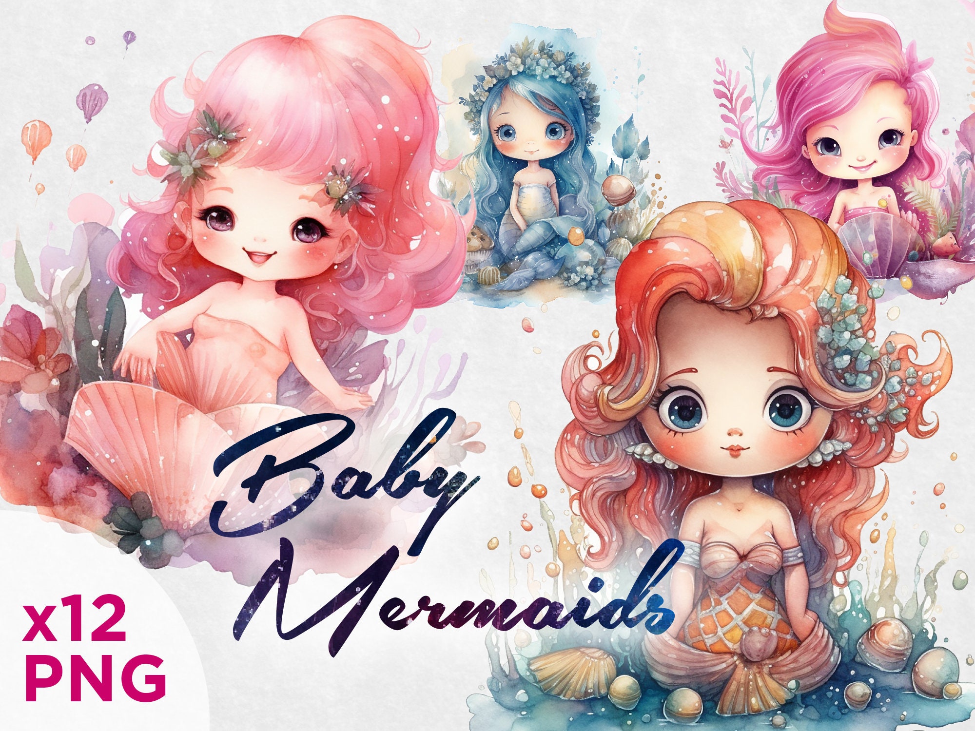 Watercolour Baby Mermaids Clipart Colourful Fantasy PNG Digital Image ...