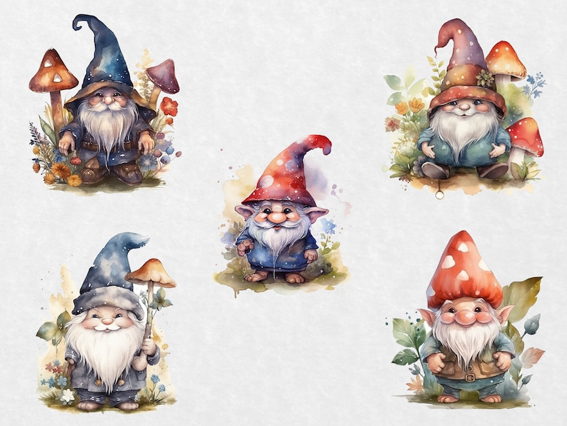 Watercolor Cute Gnomes Clipart Colorful Fantasy Floral PNG Digital ...