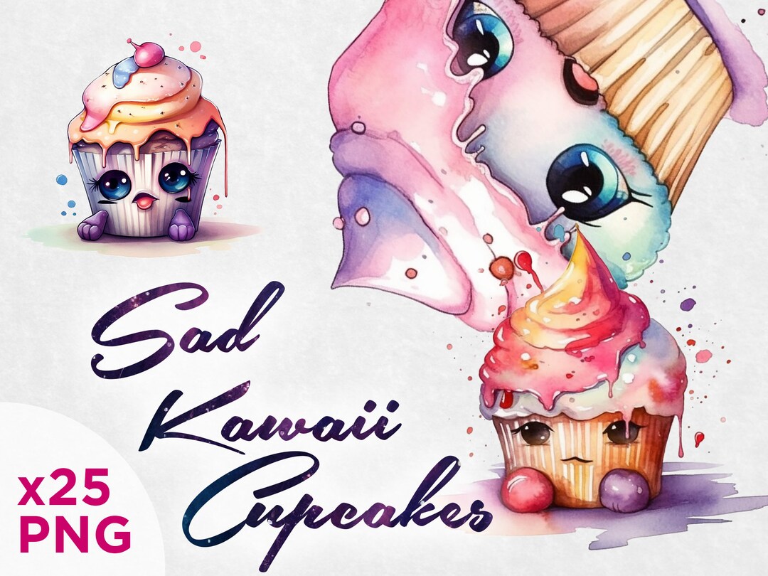 Sad Kawaii Cupcake, Sad Cupcakes Clipart, Depressed Cupcake, Fantasy Cupcake, Watercolor ...