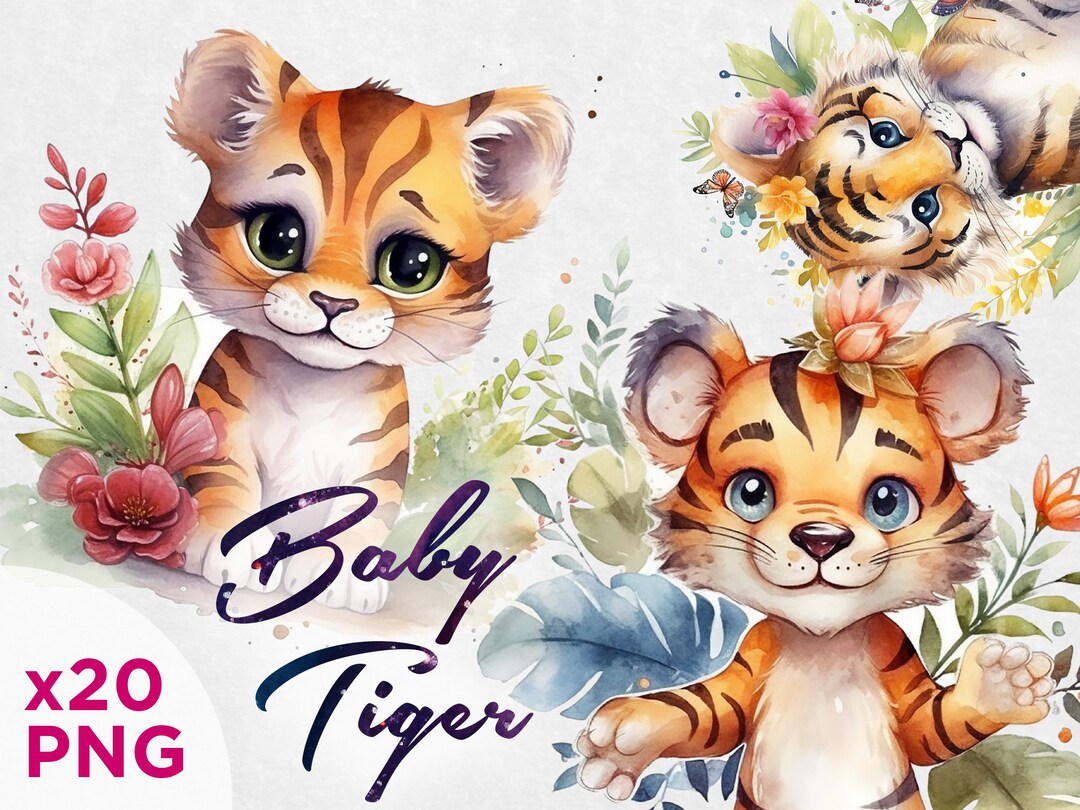 Watercolor Baby Tiger Clipart Colorful Fantasy Floral PNG Digital Image ...