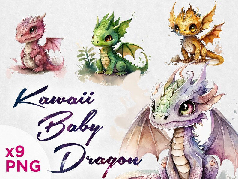 Watercolour Cute Baby Dragon Clipart Colourful Fantasy PNG Digital ...