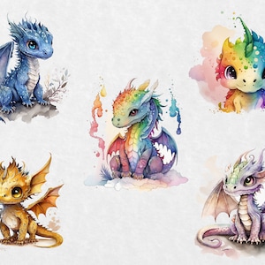 Watercolour Cute Baby Dragon Clipart Colourful Fantasy PNG Digital ...