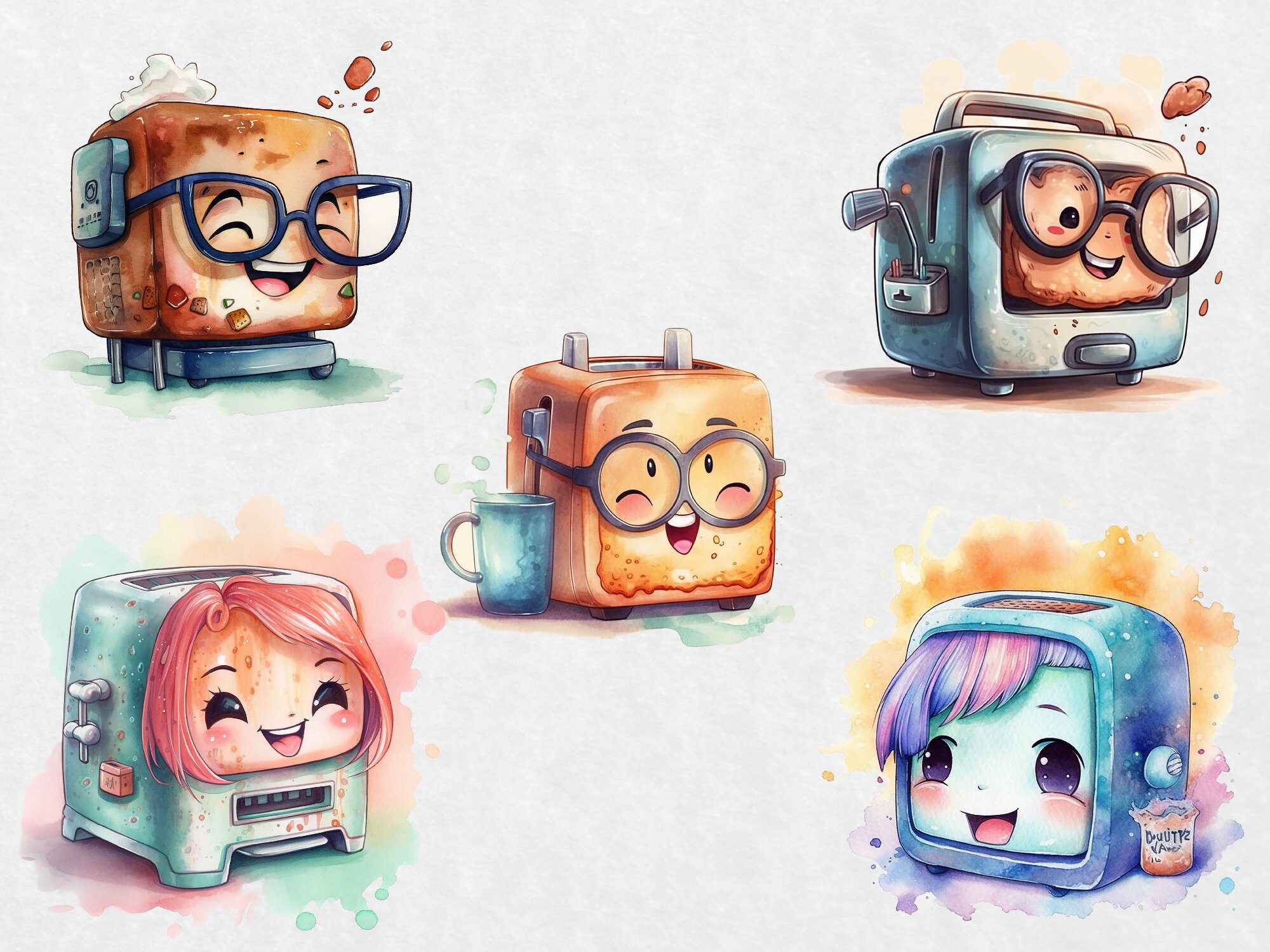 Watercolour Kawaii Toasters Clipart Colourful Fantasy - Etsy