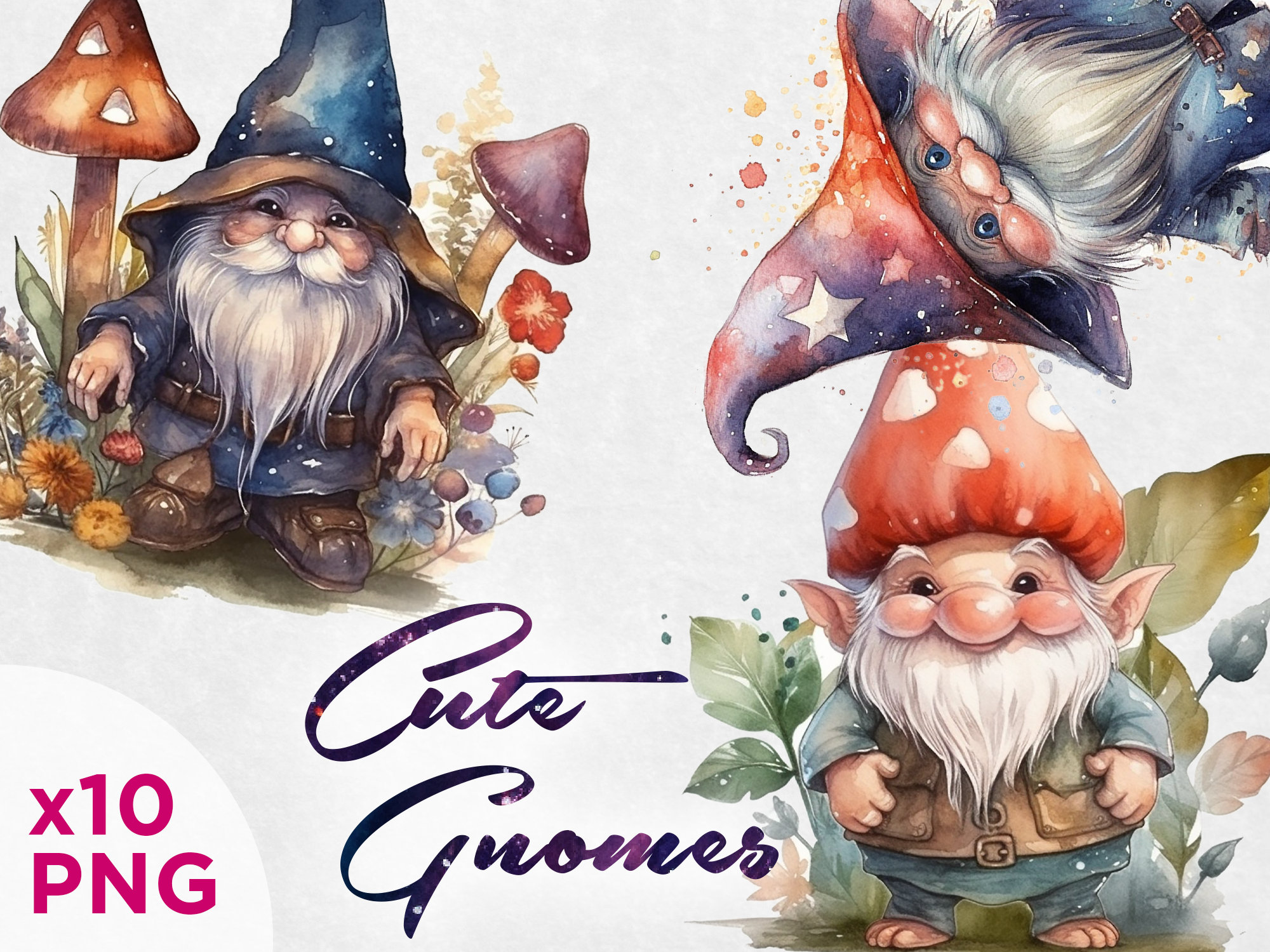 Watercolor Cute Gnomes Clipart Colorful Fantasy Floral PNG Digital ...