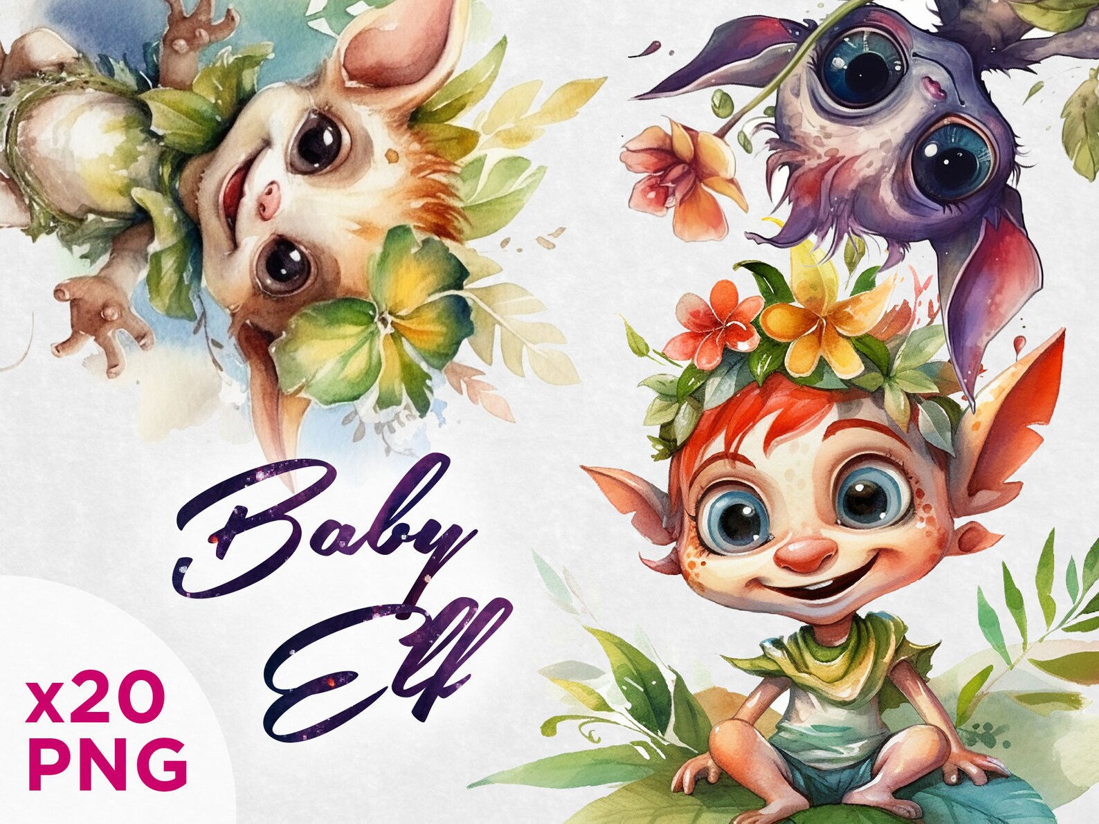 Watercolour Baby Elf Clipart Adorable Colourful Fantasy Floral PNG ...