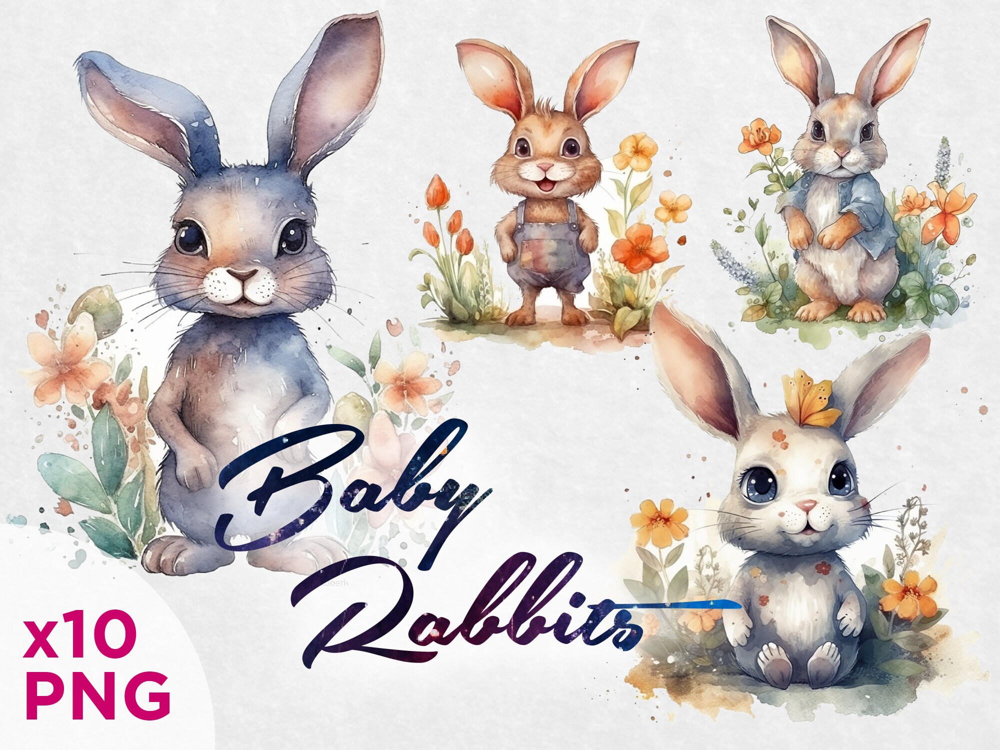 Watercolor Baby Rabbit Clipart Colorful Fantasy Floral PNG Digital ...