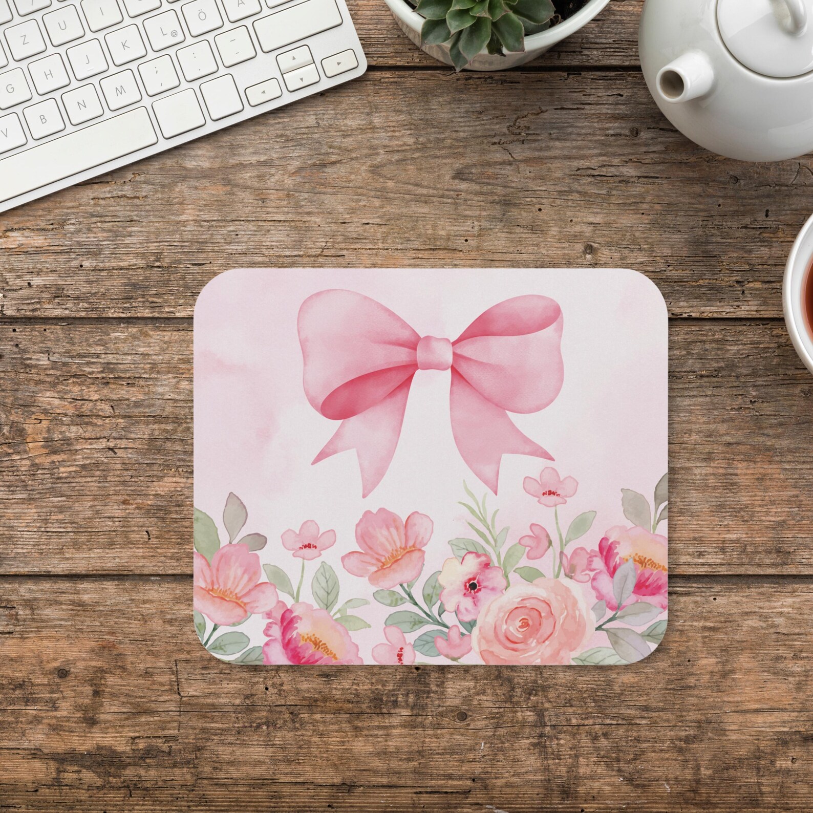Floral Coquette Mouse Pad, Cute Pink Bow, Coquette Desk Decor, Unique ...
