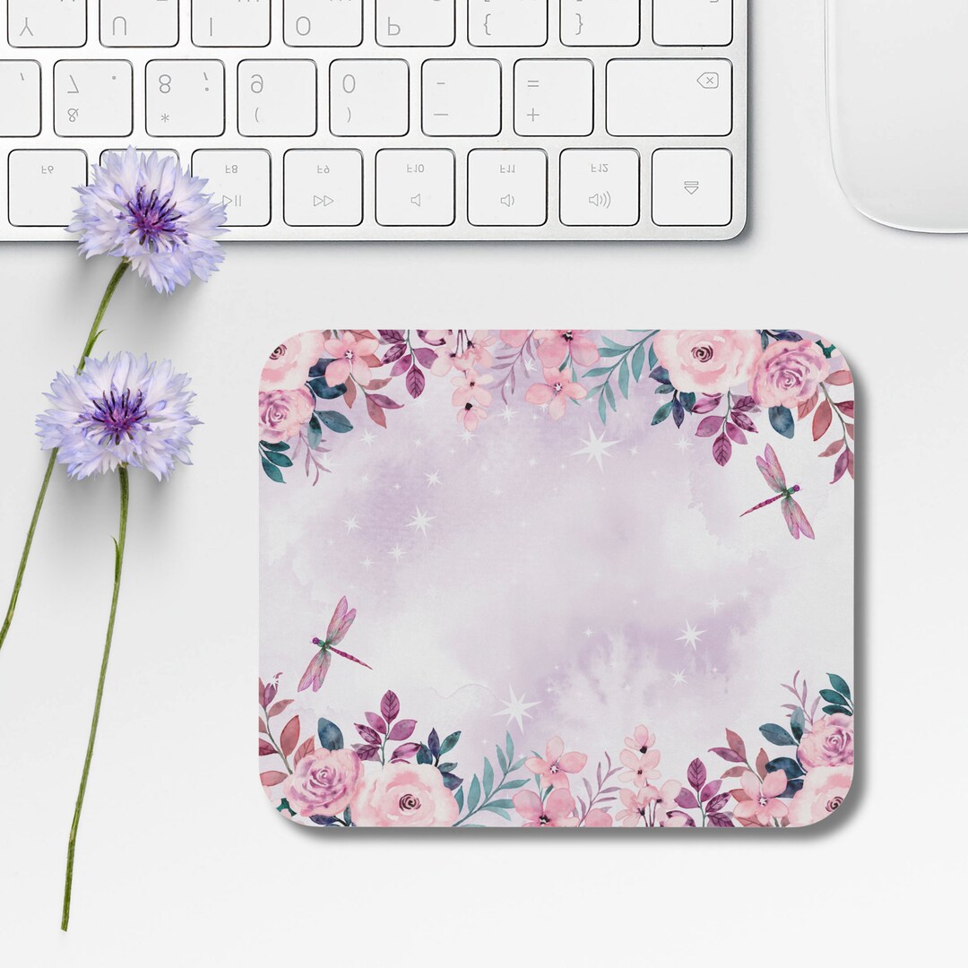 Pink and Purple Desk Mat, Dragonfly Mouse Pad, Wildflower Mouse Mat ...