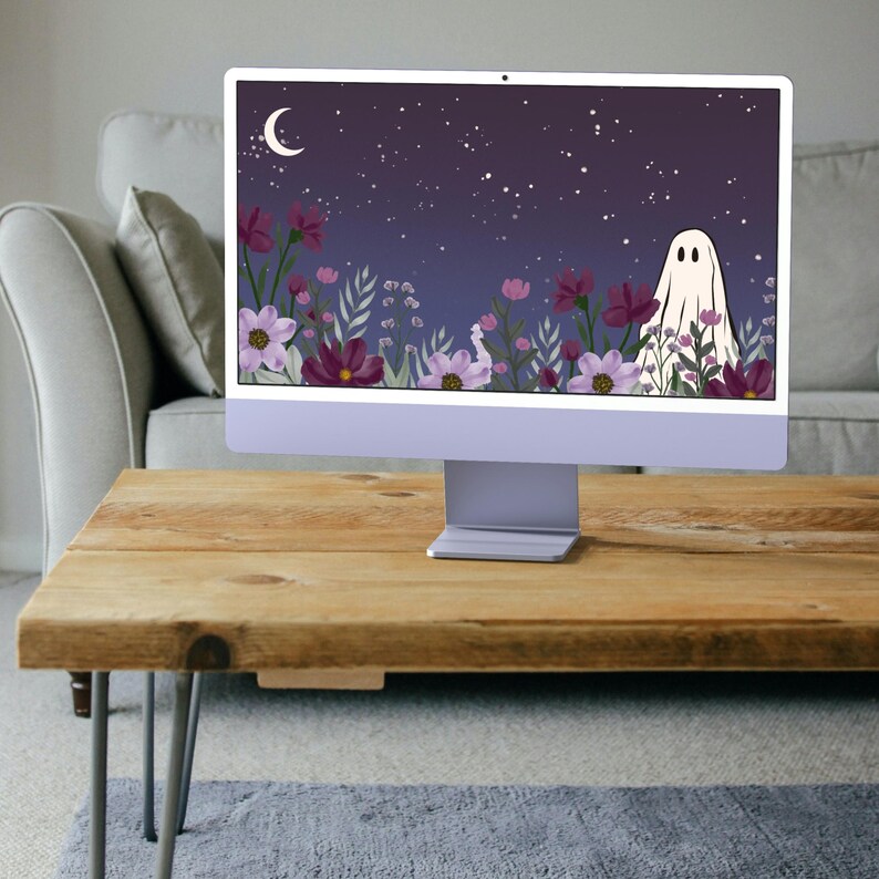 Ghost and Flowers Haunted Meadow Digital Bundle, Purple Desktop ...