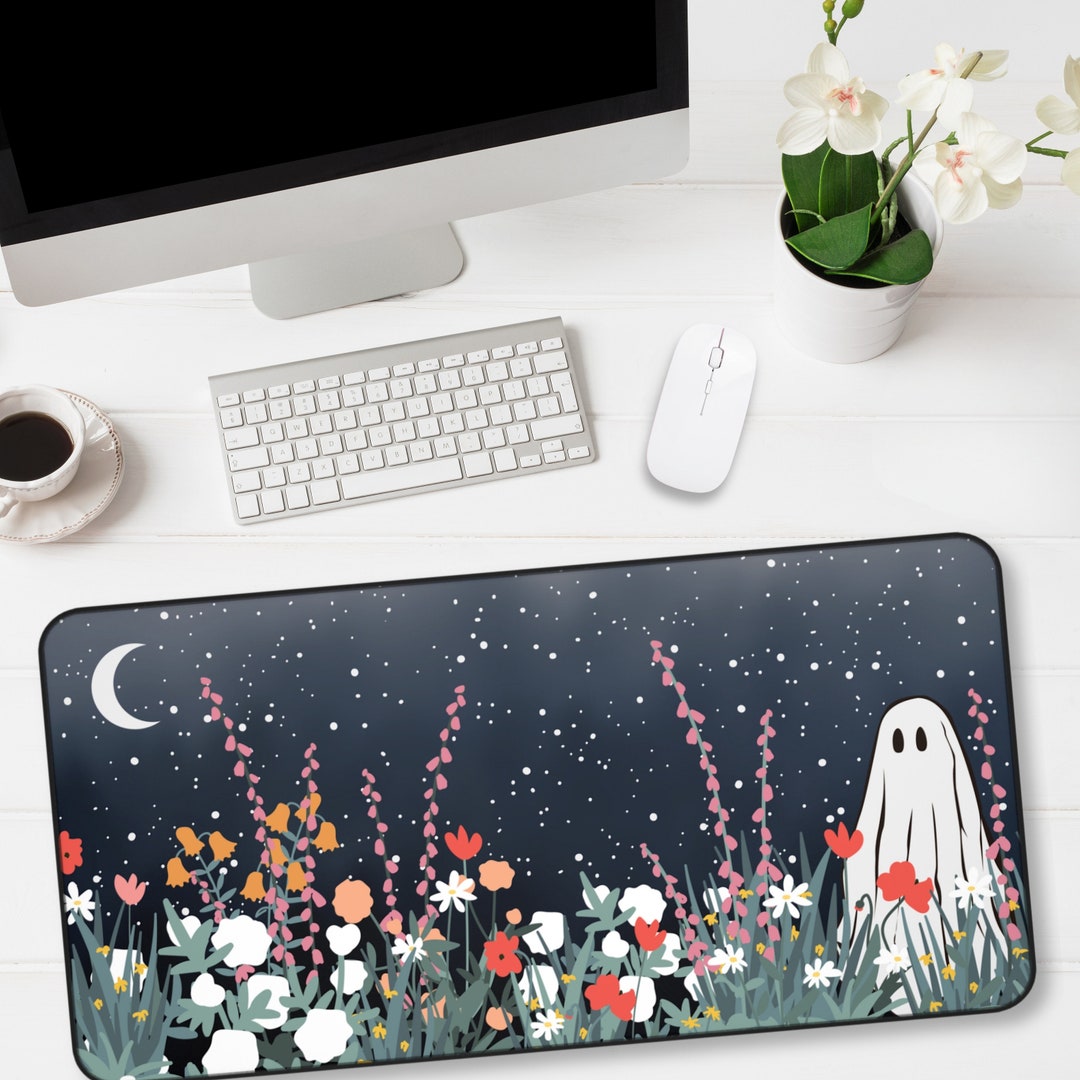 XL Aesthetic Ghost Mousepad With Wild Flowers, Floral Ghost, Vintage ...
