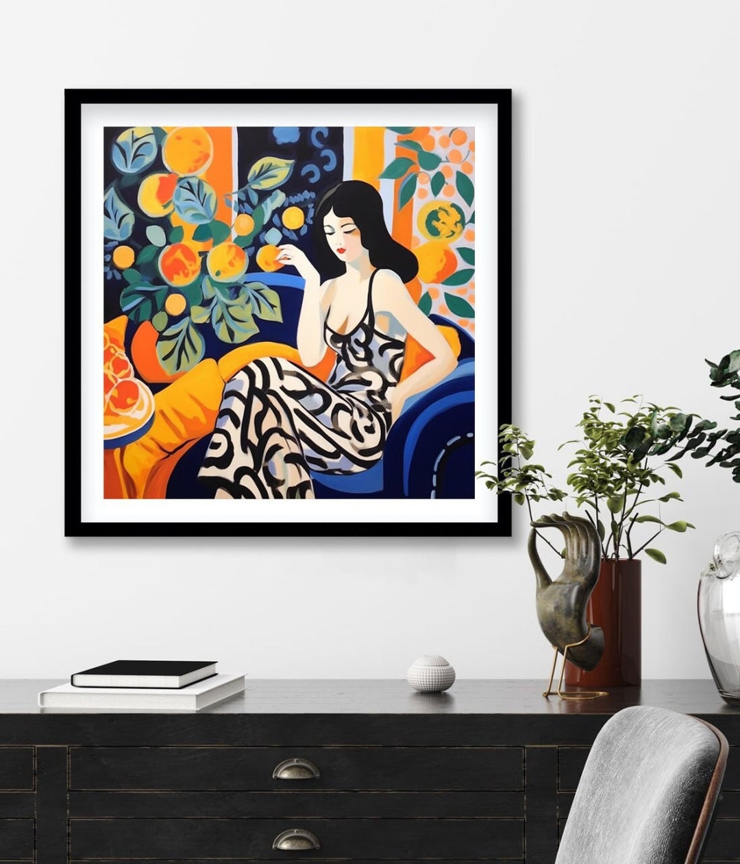 Modern Citrus Lounge Art Print Vibrant Woman in Botanical Setting ...