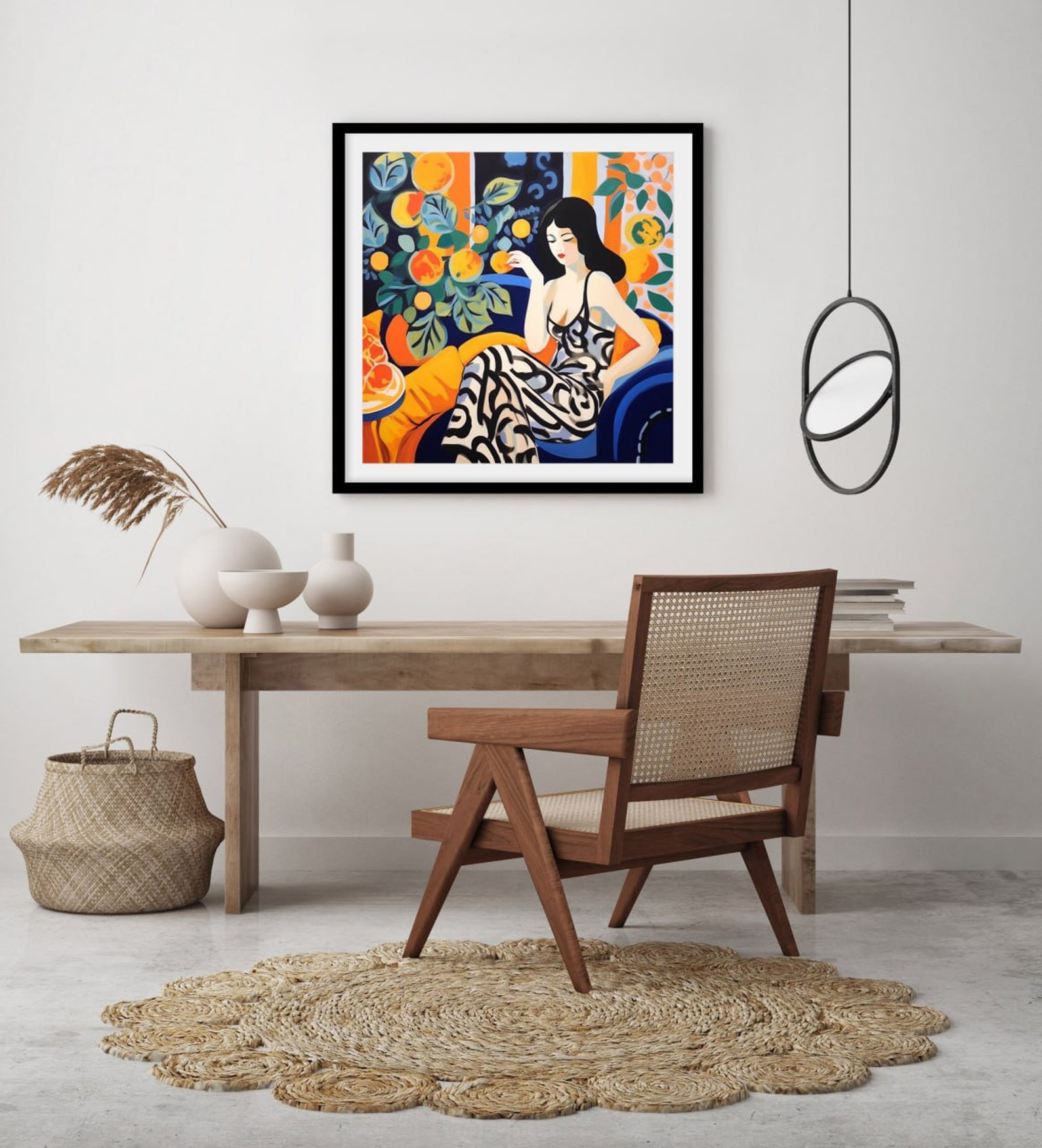 Modern Citrus Lounge Art Print Vibrant Woman in Botanical Setting ...