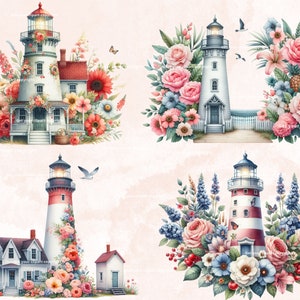 Floral Lighthouse Clipart Bundle, Nautical Graphics, Nautical Png ...