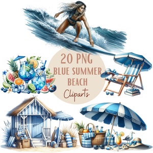 Blue Summer Beach Clipart Bundle, Beach Pngs, Tropical Clipart, Summer ...