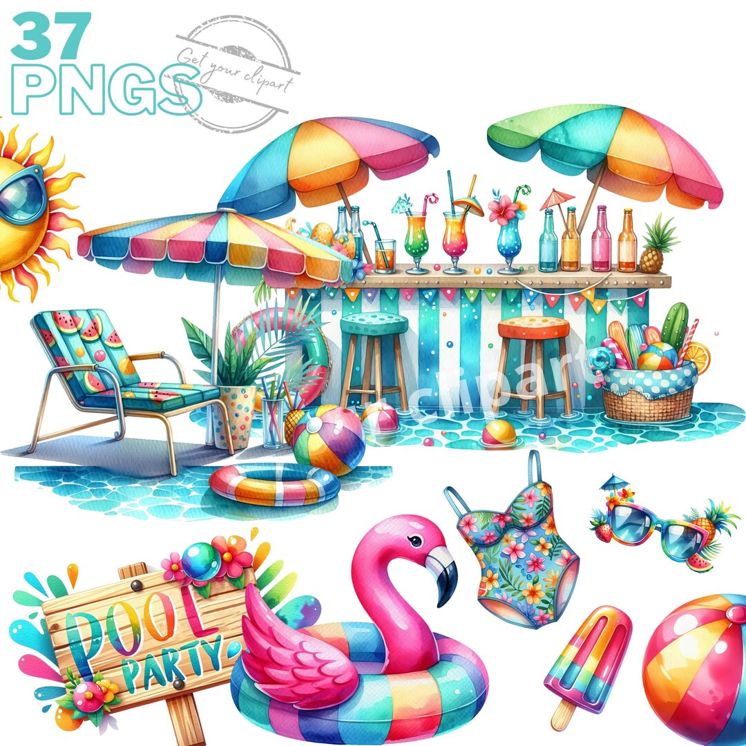 Pool Party Clipart Bundle, Summer Clipart, Pool Party Graphics, Hello ...