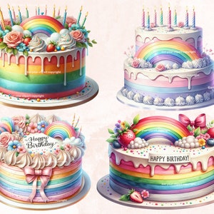 Rainbow Birthday Cake Clipart Bundle, Happy Birthday Graphics, Cake Png ...
