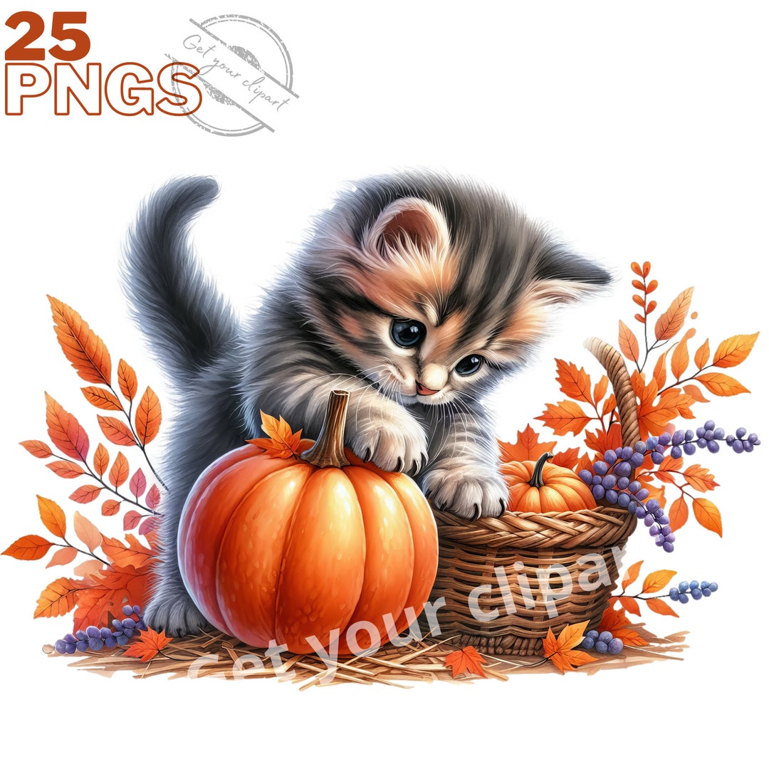 Autumn Kitten Clipart Bundle, Autumn Clipart, Fall Png Graphics, Autumn ...