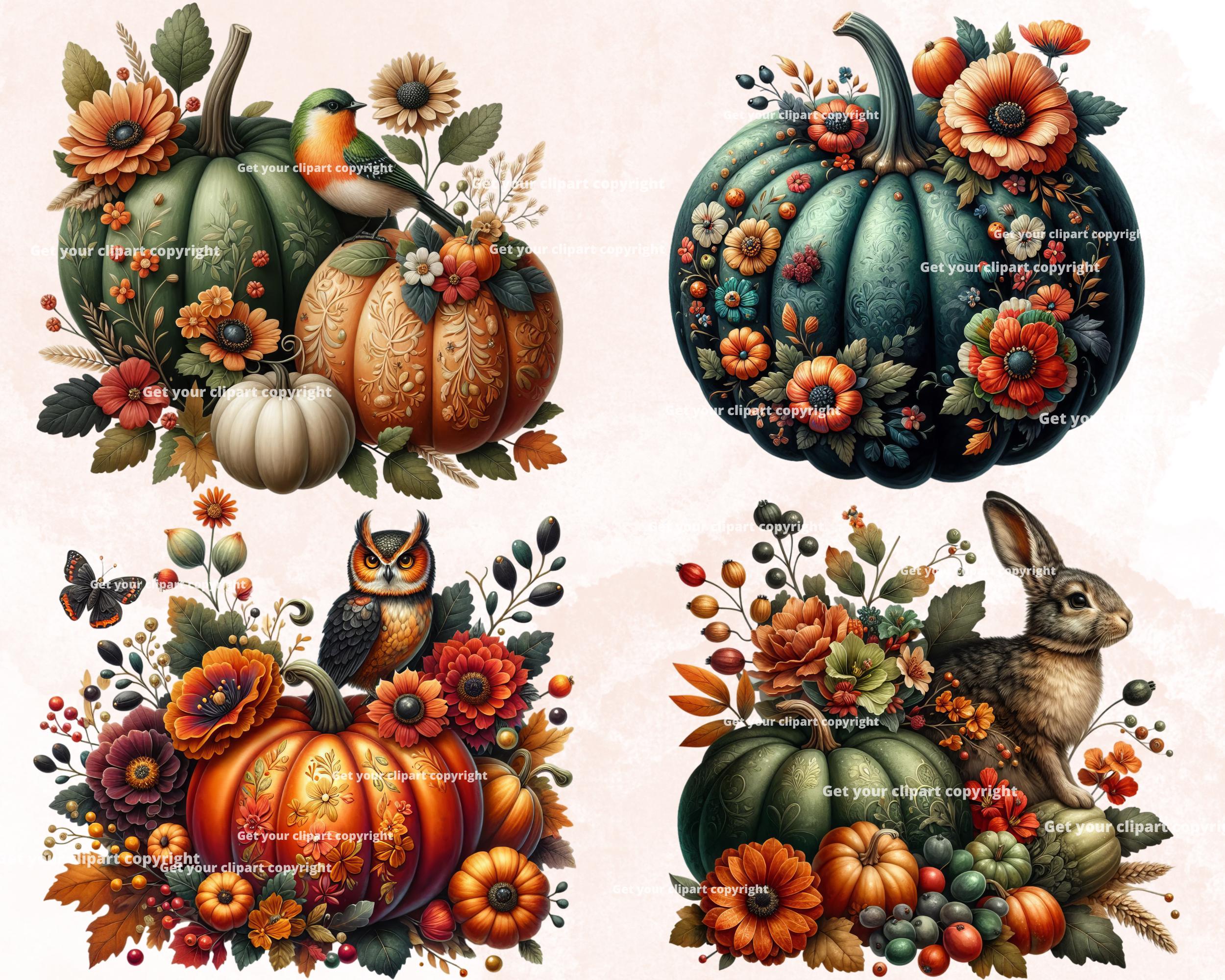 Green Pumpkin Clipart Bundle, Floral Pumpkin Graphics, Forest Clipart ...