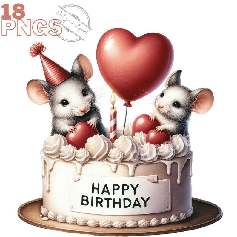 Happy Birthday Mice Clipart Bundle, Mice Pngs, Watercolor Mice Graphics ...