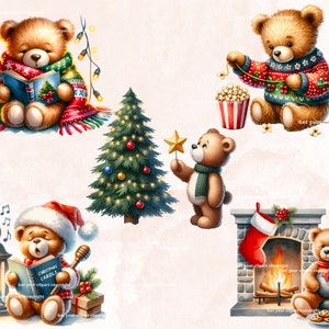 Christmas Teddy Bear Clipart Bundle, Watercolor Bear Ornaments, Festive ...
