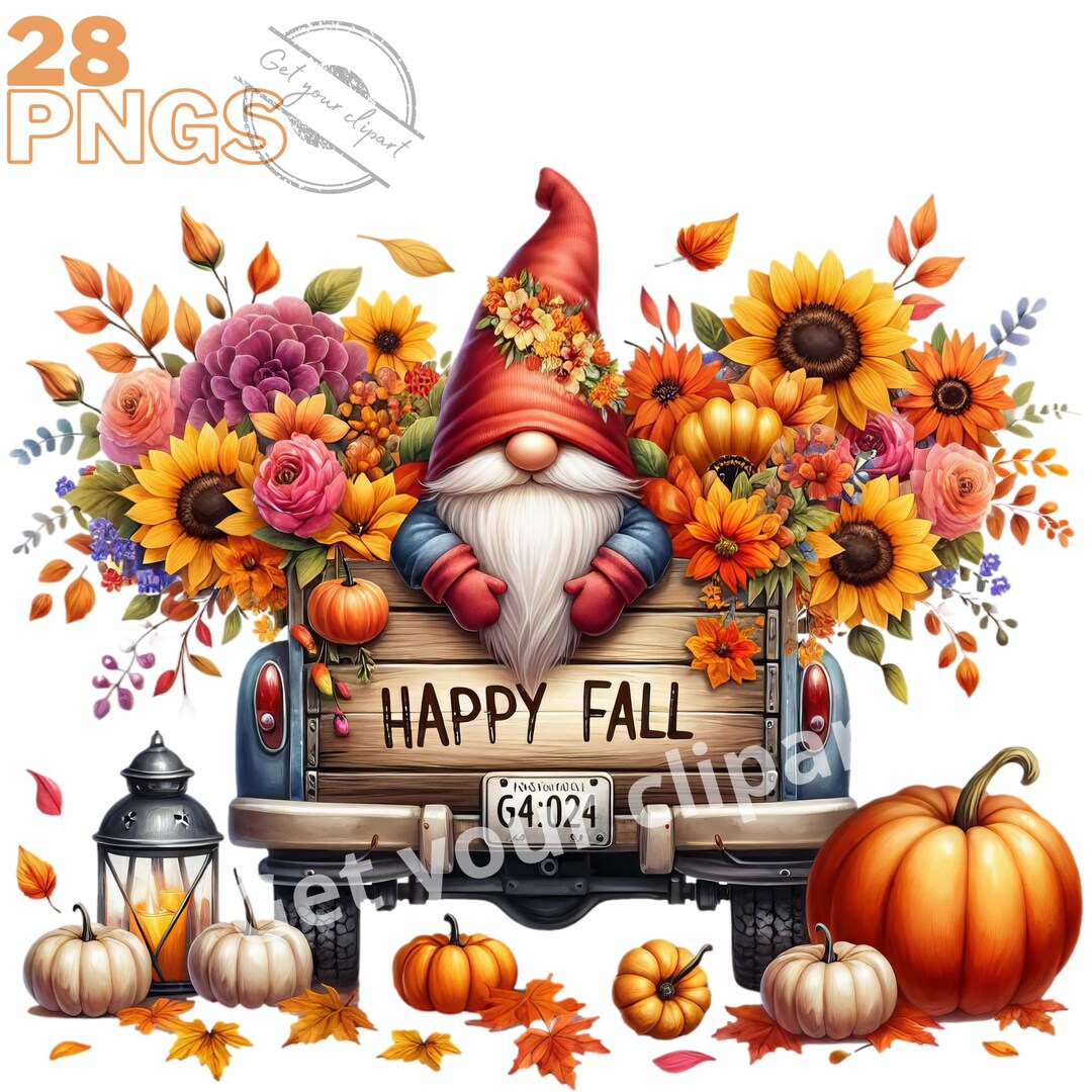Fall Truck and Gnomes Png Graphics, Hello Fall Clipart, Farm Truck Png ...