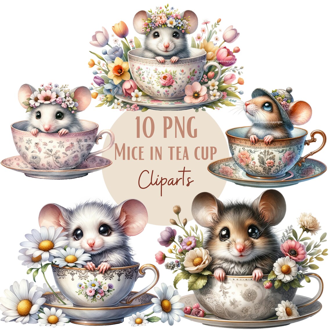 Mice in Tea Cup Clipart Bundle, Mice Pngs, Watercolor Mice Graphics ...