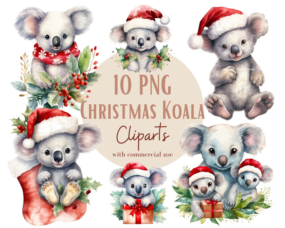 Christmas Koala Clipart Bundle, Australia Graphics, Watercolor Koala ...
