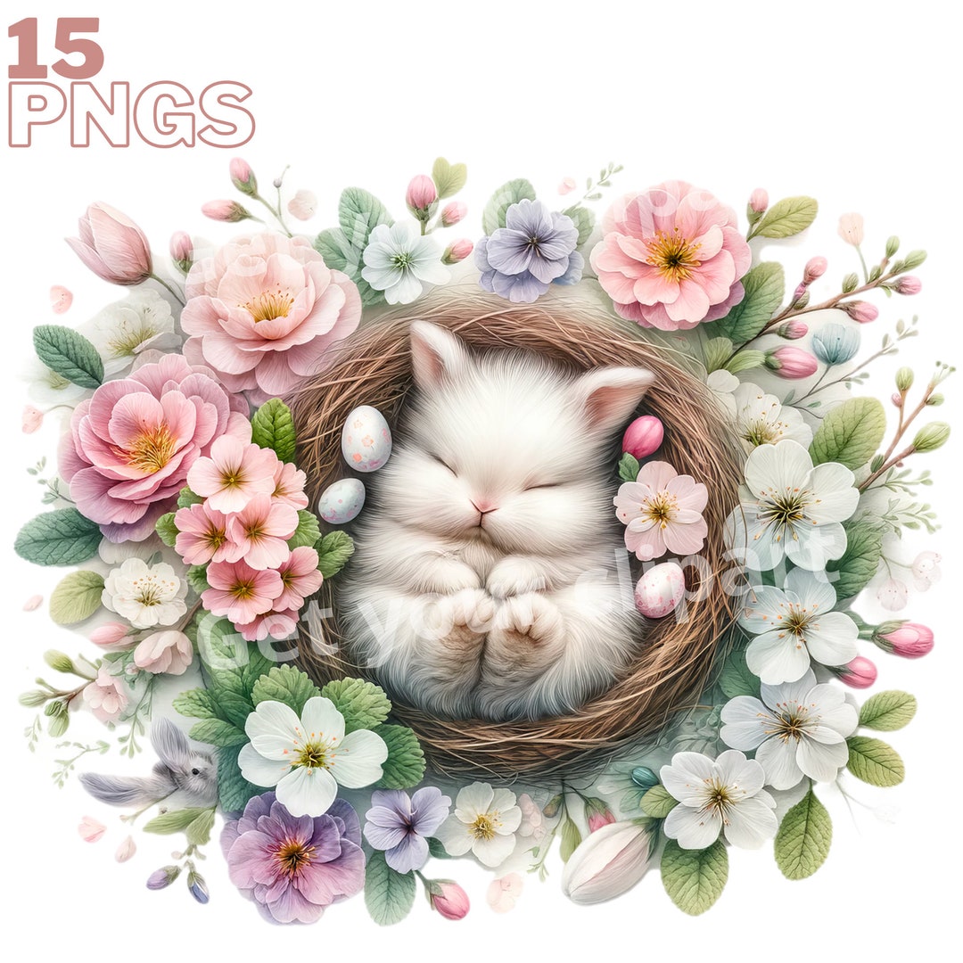 Bunny and Flowers Clipart Bundle, Bunny Nursery Print, Watercolor Bunny ...