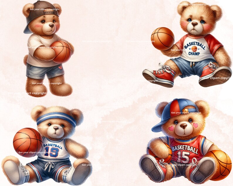 Basketball Teddy Bear Clipart Bundle, Nursery Graphics, Basketball ...