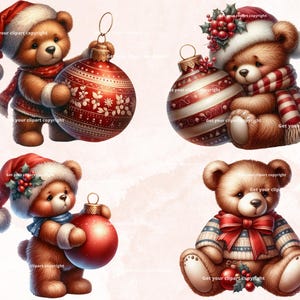 Christmas Teddy Bear Clipart Bundle, Watercolor Bear Ornaments, Festive ...