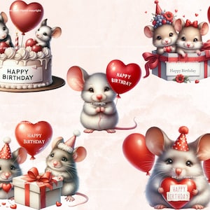 Happy Birthday Mice Clipart Bundle, Mice Pngs, Watercolor Mice Graphics ...