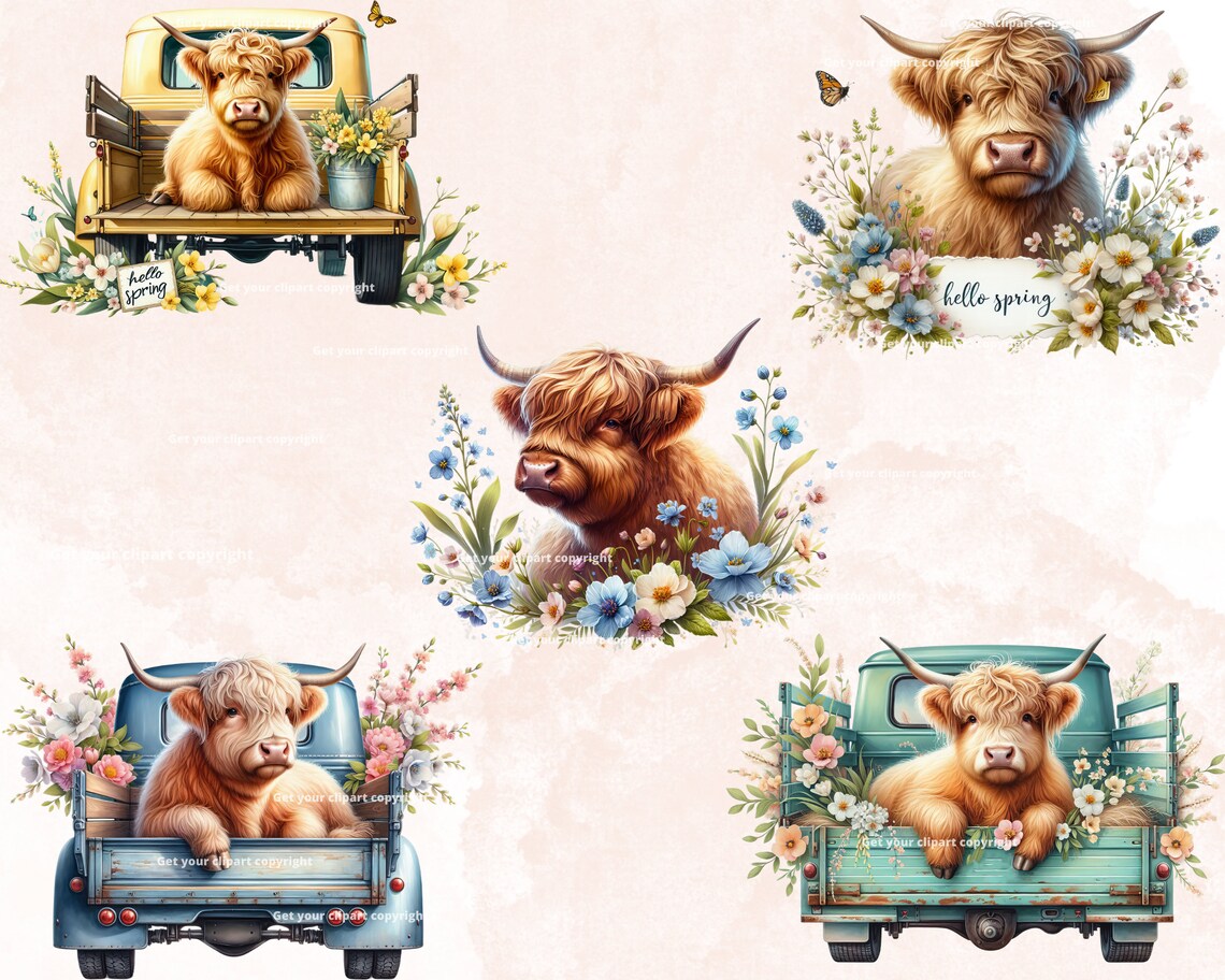 Spring Highland Cow Clipart Bundle, Printable Spring Graphics, Highland ...