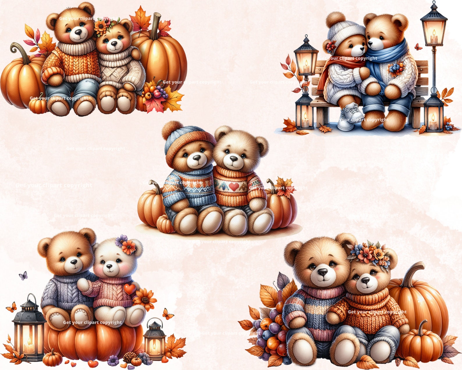 Fall Teddy Bears Couple Clipart Bundle, Teddy Bear Clipart, Teddy Bear ...