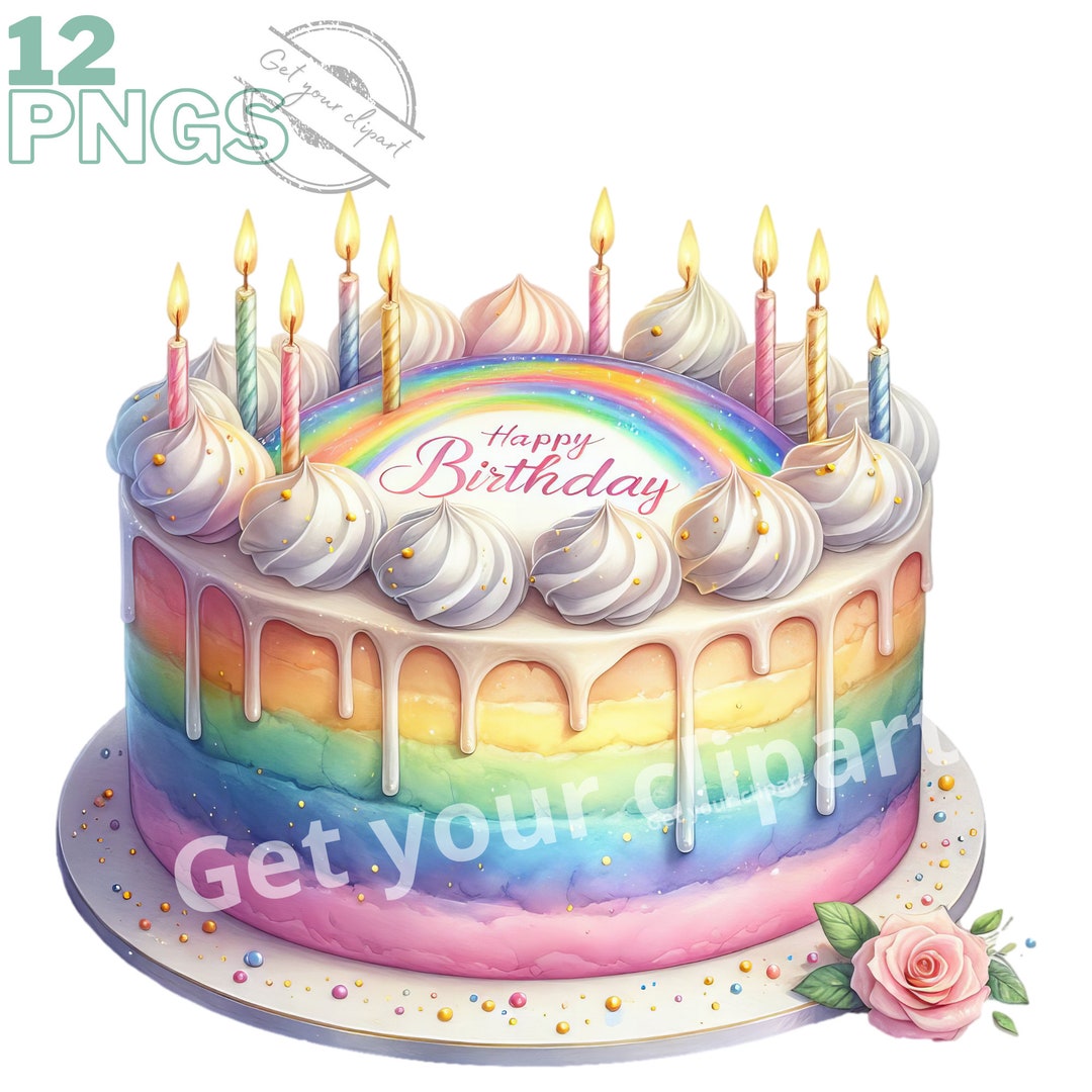 Rainbow Birthday Cake Clipart Bundle, Happy Birthday Graphics, Cake Png ...