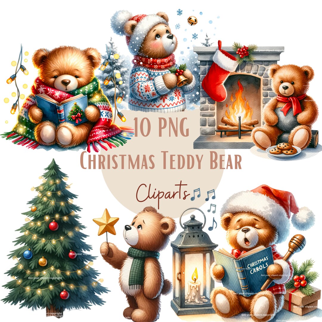 Christmas Teddy Bear Clipart Bundle, Watercolor Bear Ornaments, Festive ...