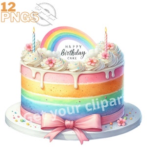 Rainbow Birthday Cake Clipart Bundle, Happy Birthday Graphics, Cake Png ...