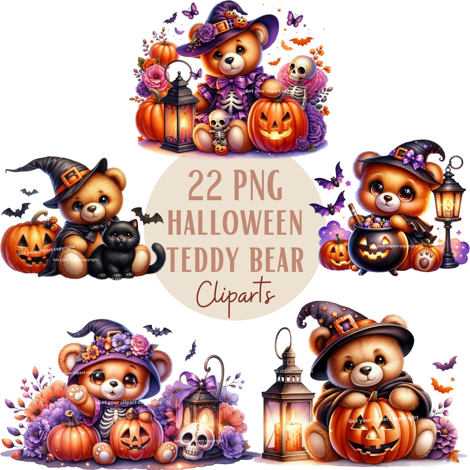 Halloween Teddy Bear Clipart Bundle, Halloween Graphics, Teddy Bear Png ...