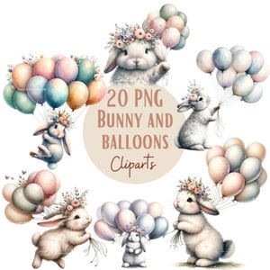 Bunny and Balloons Clipart Bundle, Bunny Nursery Print, Watercolor ...