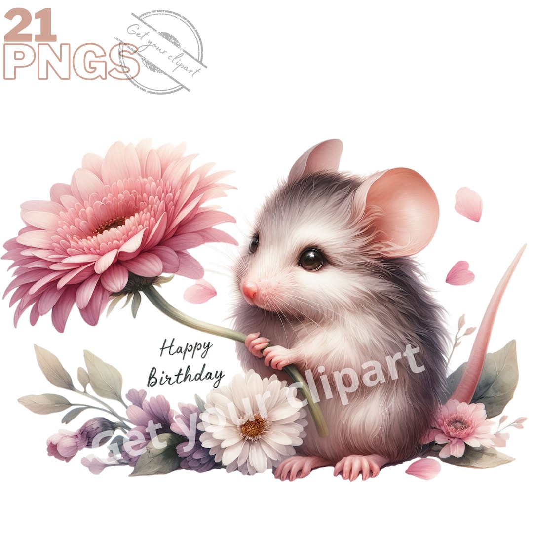 Happy Birthday Mice Clipart Bundle, Mice Pngs, Watercolor Mice Graphics ...