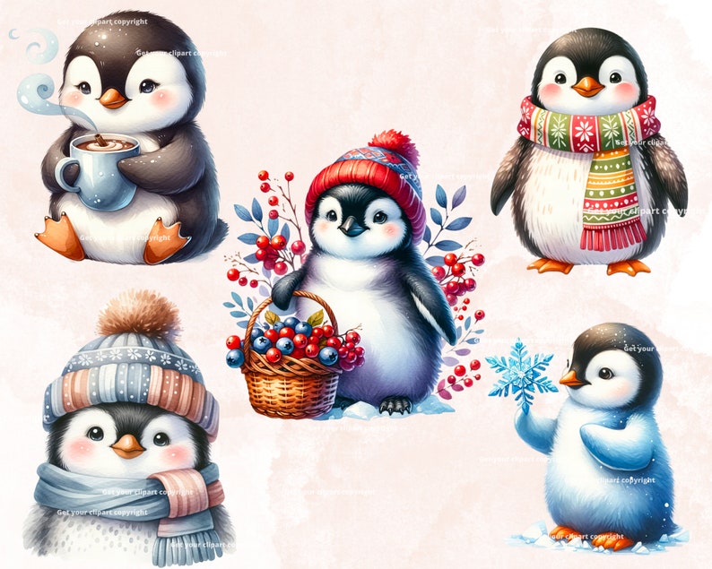 Christmas Penguins Clipart Bundle, Cute Penguins, Set of 10 ...