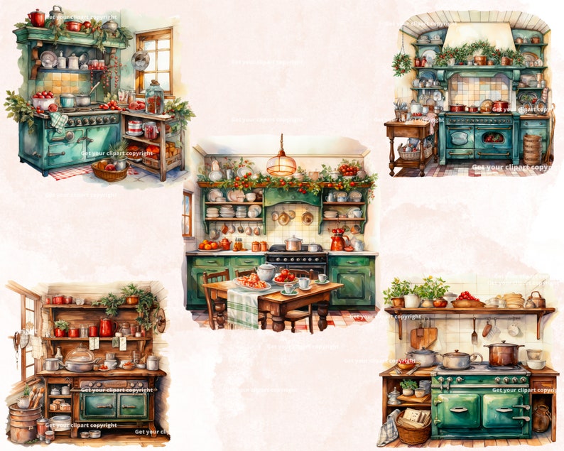Watercolor Kitchens Clipart Bundle, Transparent Background, Commercial ...