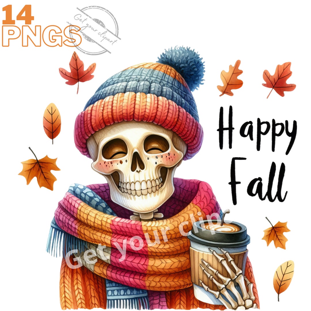 Fall Skeleton Clipart Bundle, Skeleton Drinking Coffee, Autumn Skeleton ...