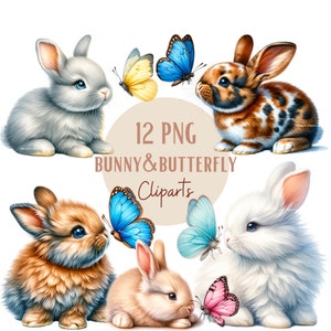Bunny and Butterfly Clipart Bundle, Spring Designs, Watercolor Bunny ...